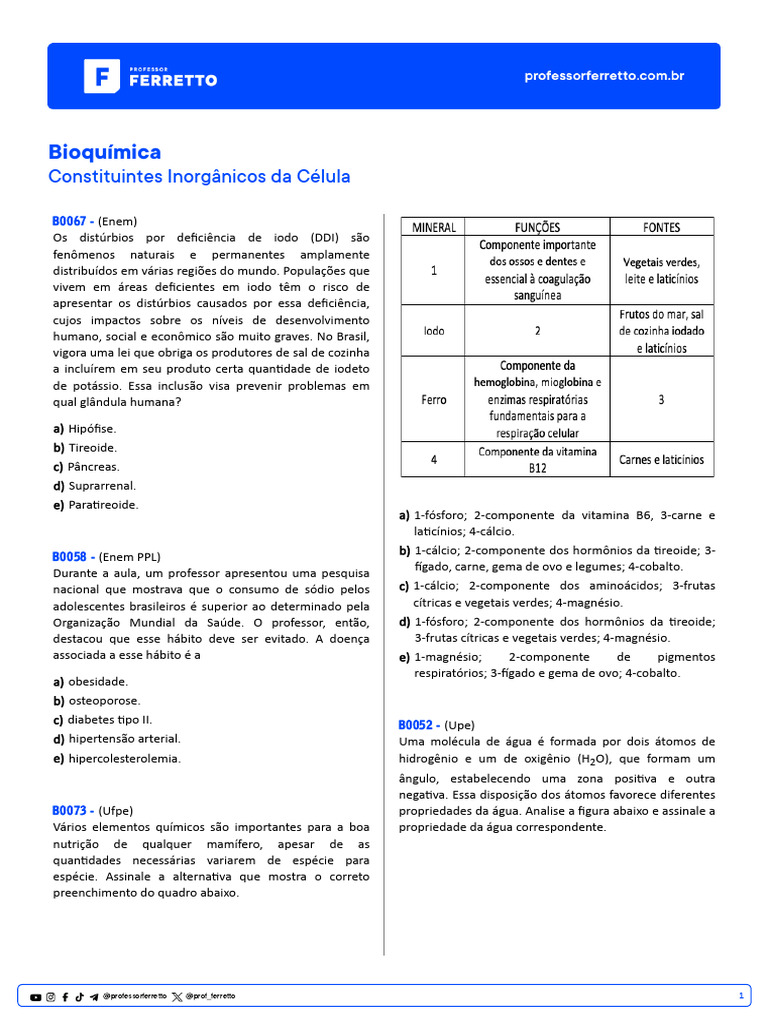 Questions Biologia Bioquimica Constituintes-Inorganicos-Da-Celula | PDF