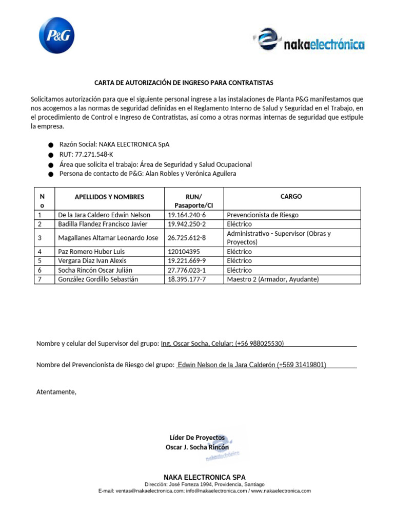 06-10-2022 Carta de Autorizacion de Ingreso para Contratistas CCU - COINCO CL | PDF