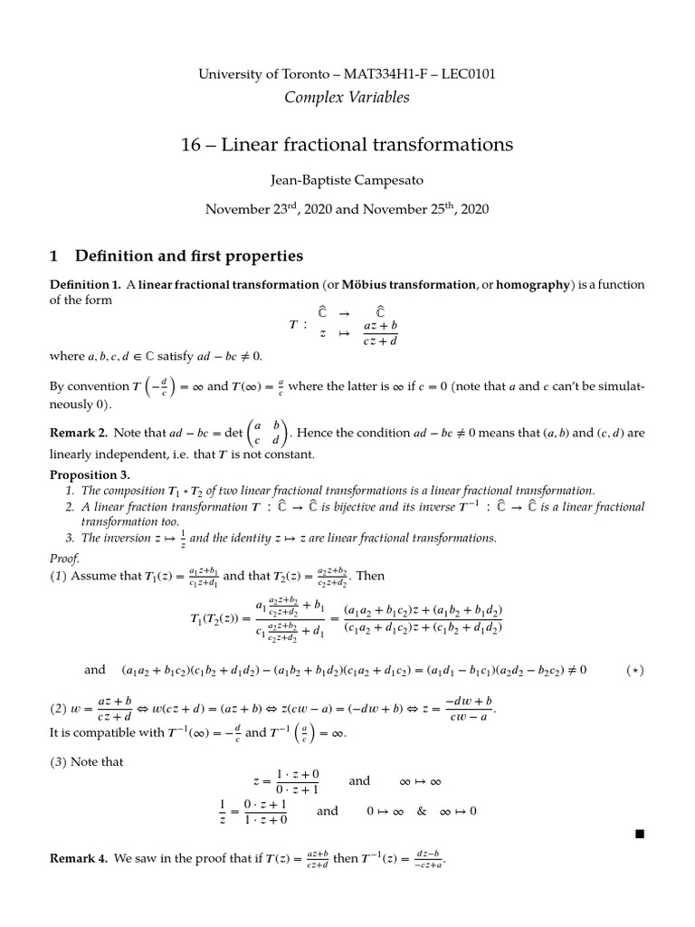 16 - Linear Fractional Transformations: 1 Definition and First Properties | PDF