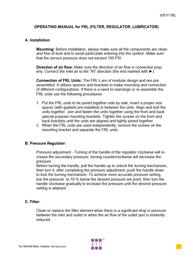OPERATING MANUAL For FRL (FILTER, REGULATOR, LUBRICATOR) | PDF
