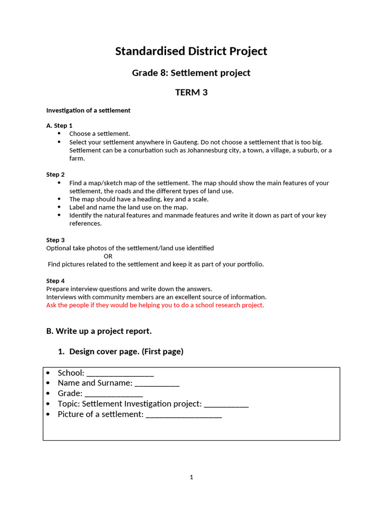 Settlement Project Gade 8 Term 3 2024 | PDF