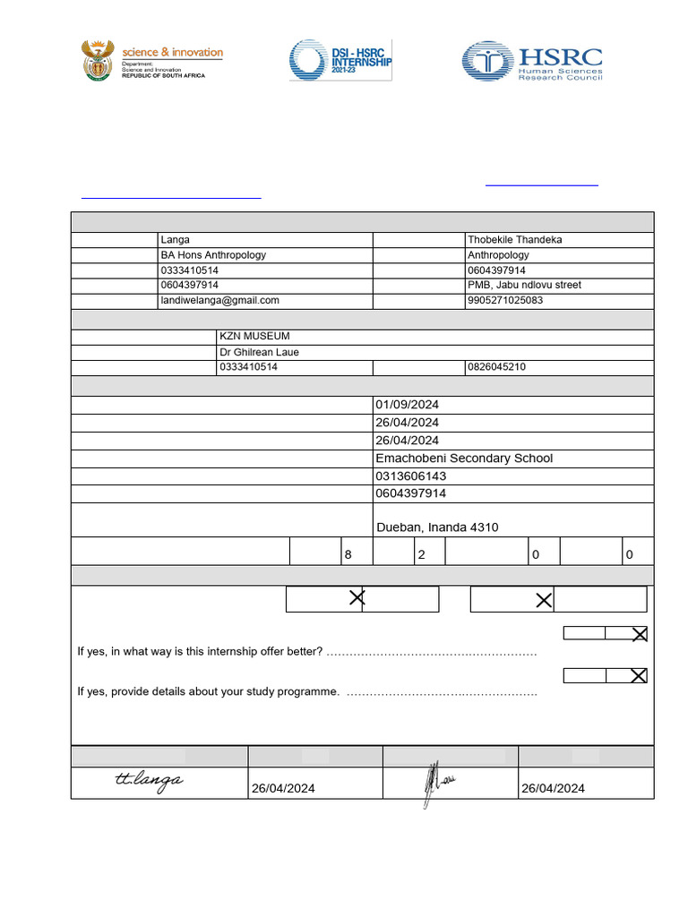 TT LangaResignation Form - DSI - HSRC Internship | PDF