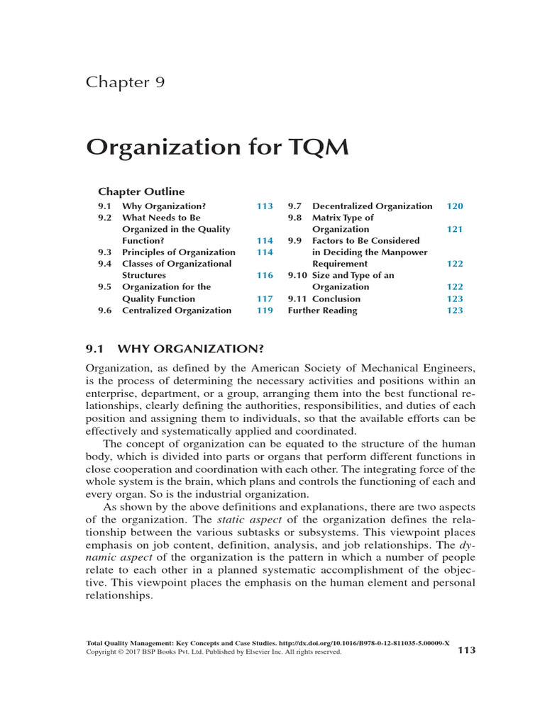 Total Quality Management Key Concepts and Case Stu... - (Chapter 9 Organization For TQM) | PDF