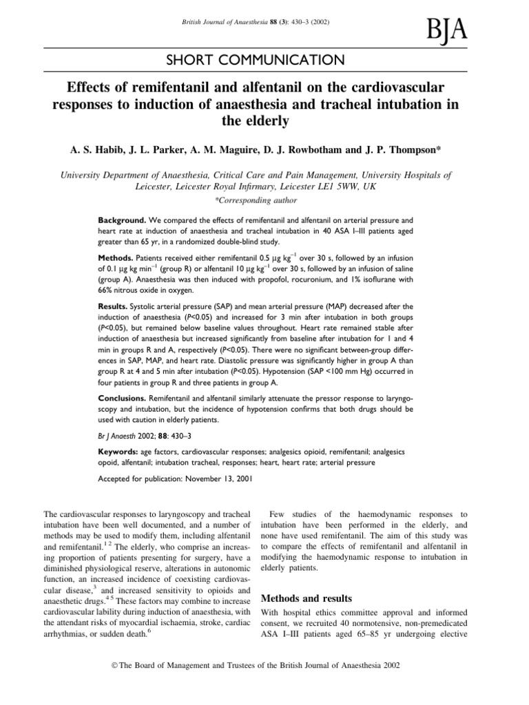 Effects of Remifentanil and Alfentanil On The Card | PDF | Anesthesia | Blood Pressure