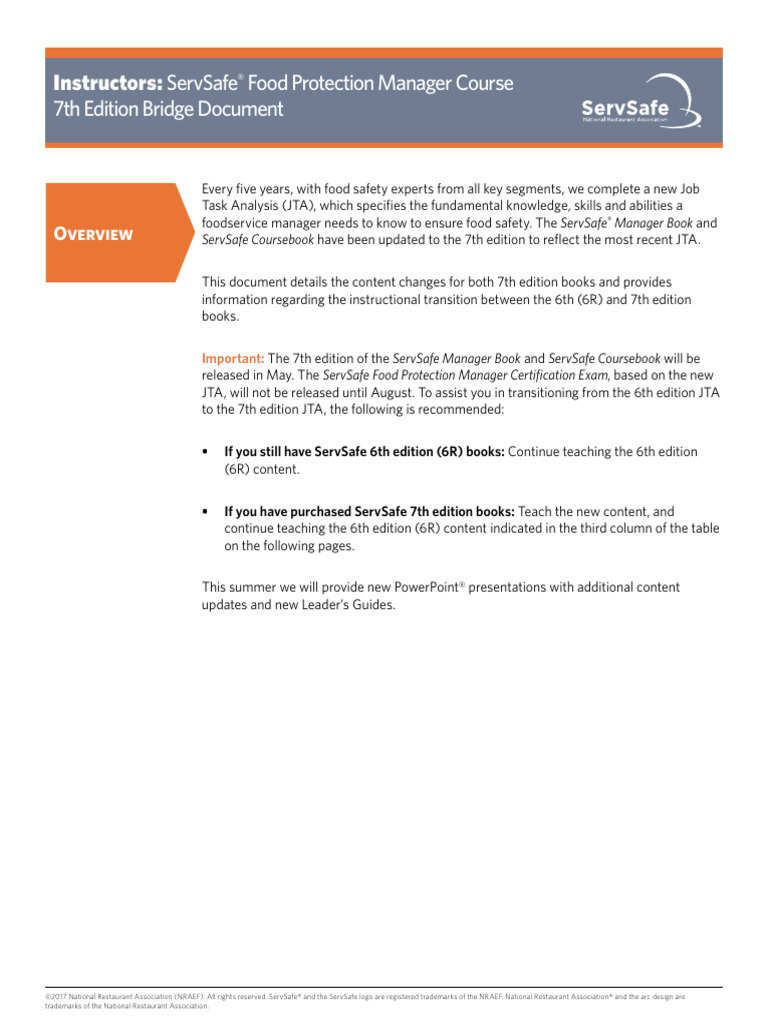 ServSafe® Food Protection Manager Course 7th Edition Bridge Document ...