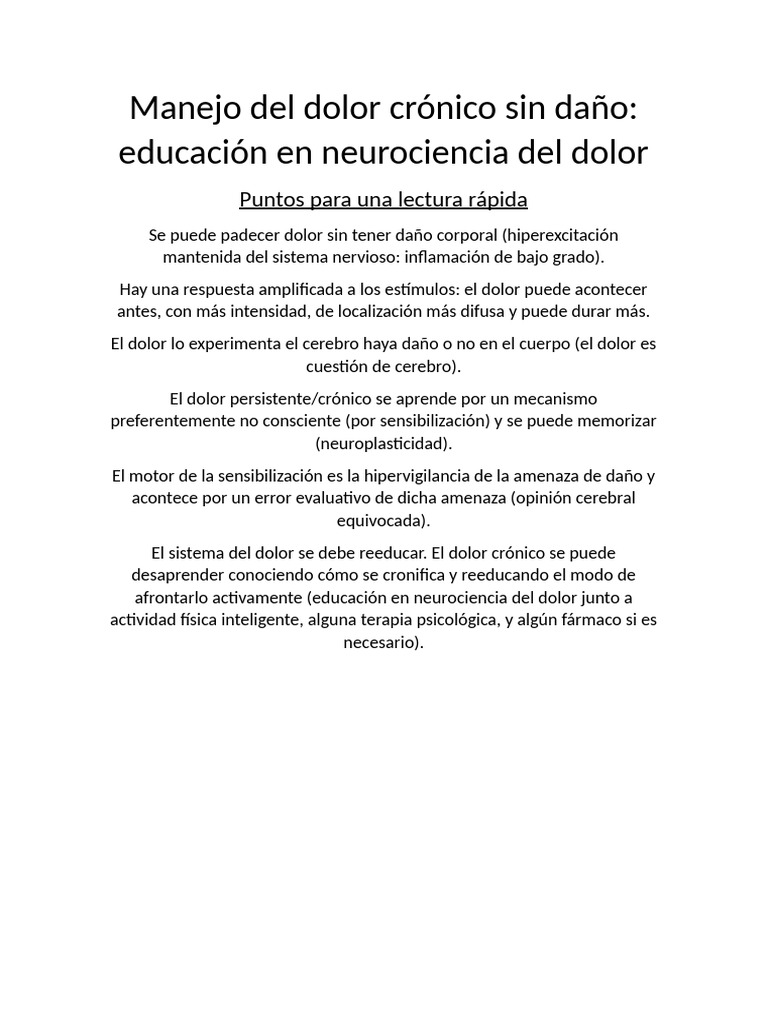 Manejo Del Dolor Crónico Sin Daño Educación en Neurociencia Del Dolor | PDF