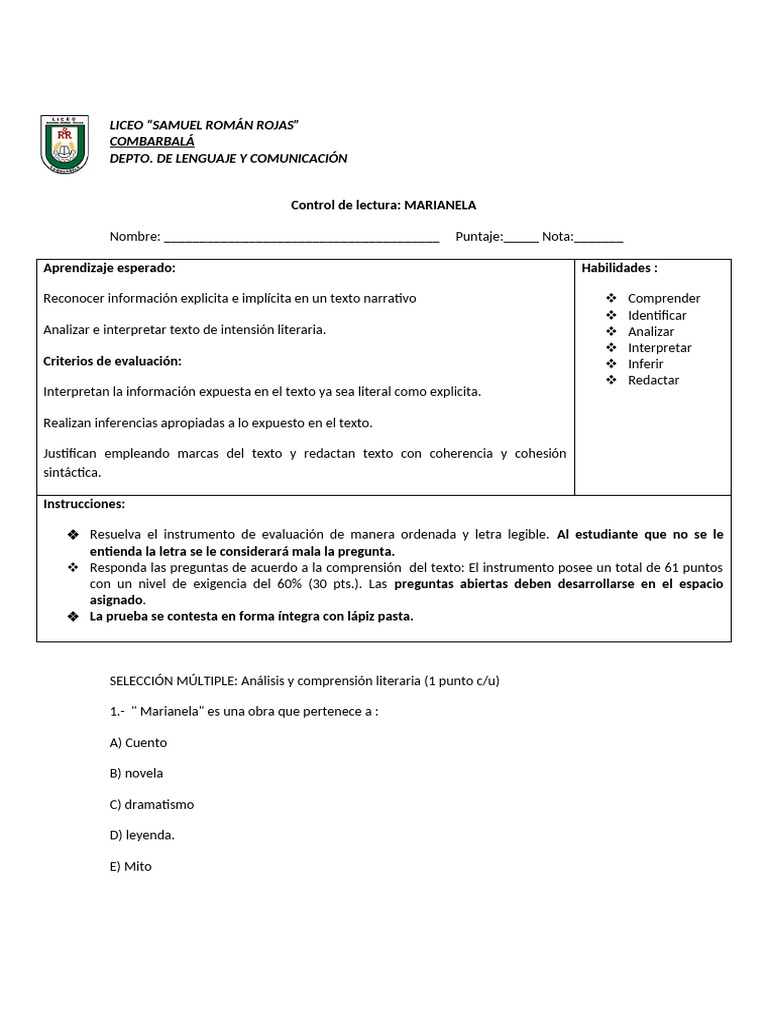 Prueba Merianela 2C | PDF | Foreign Language Studies | General Fiction