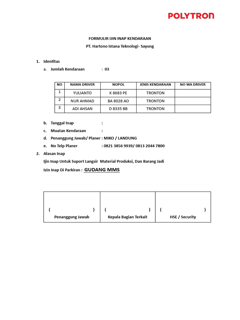 Formulir Ijin Inap Kendaraan PT Hartono | PDF | Technology & Engineering
