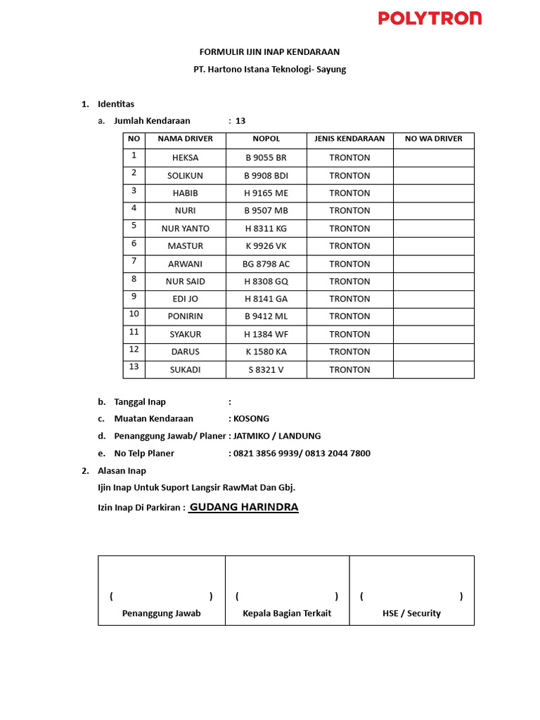 Formulir Ijin Inap Kendaraan PT Hartono | PDF