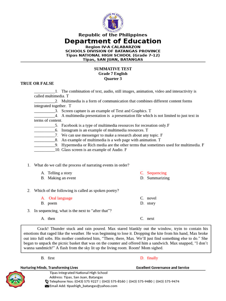 SUMMATIVE TEST-Q3-ENGLISH-7 (AutoRecovered) | PDF