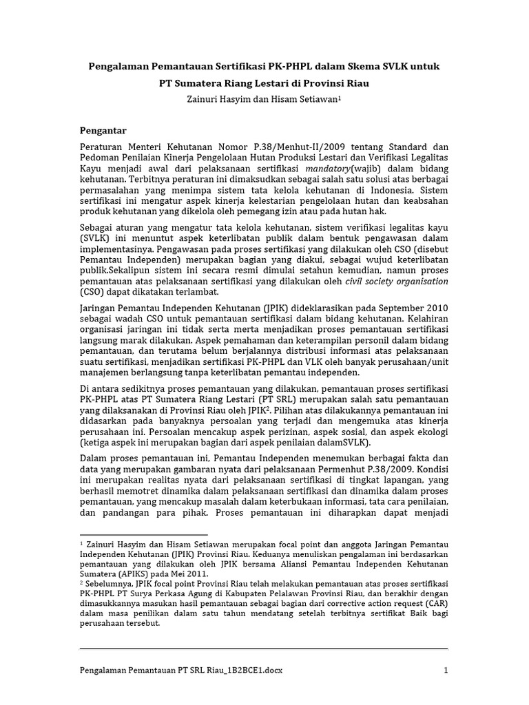 Pengalaman Pemantauan PT SRL Riau | PDF