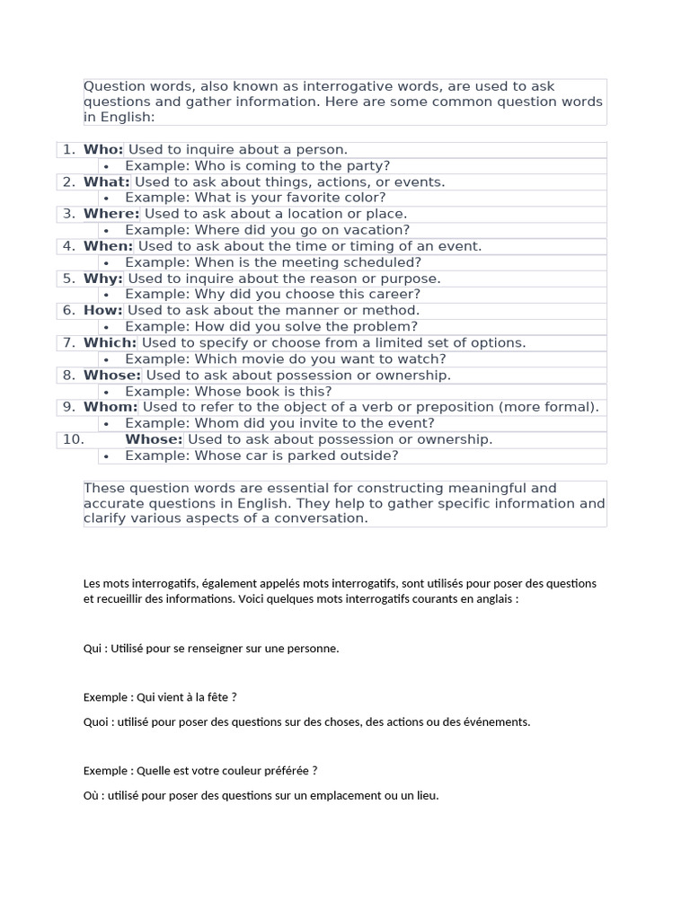 Question words in French | PDF