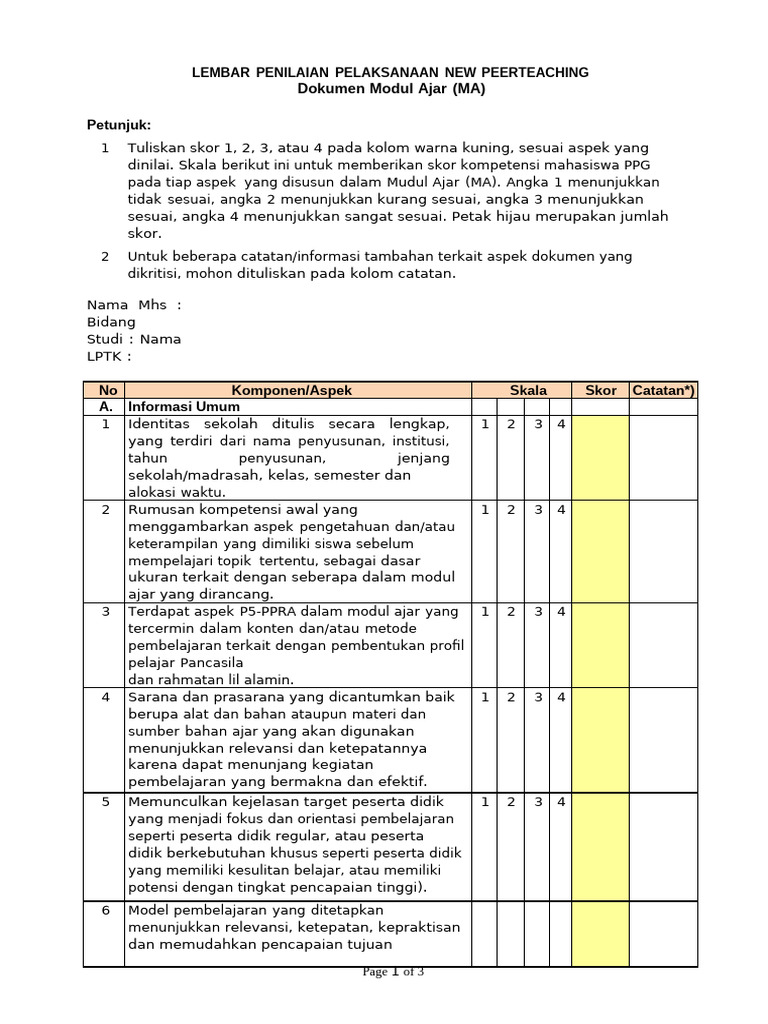 Intrumen Peerteaching | PDF