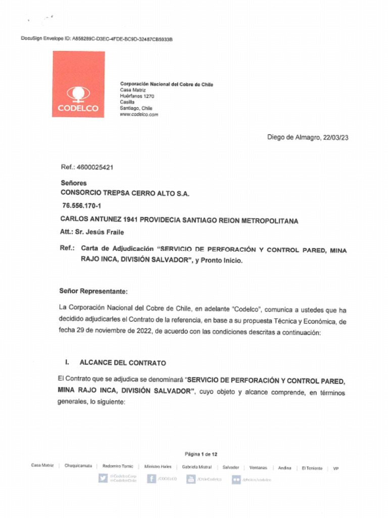Carta Adjudicación Ref 4600025421 | PDF
