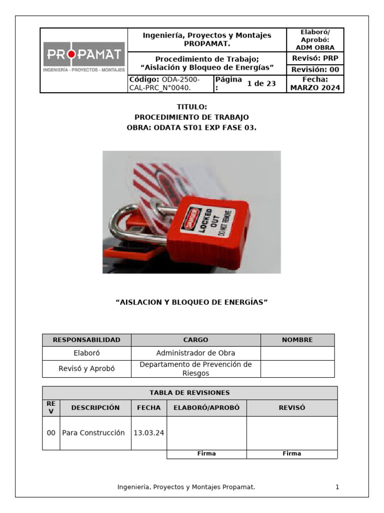 Oda-2500-Cal-Prc - N°0040 - Rev.00 - Procedimiento de Aislacion de Bloqueo Loto | PDF