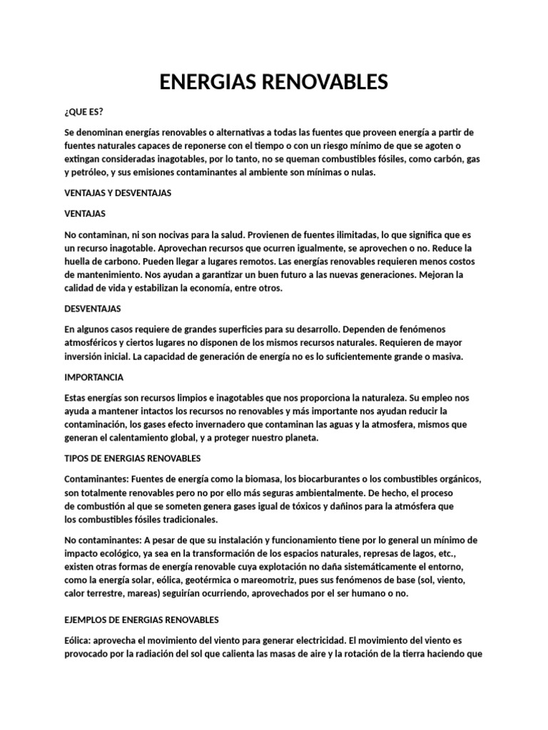 Tipos y Beneficios de Energías Renovables | PDF | Energía renovable ...