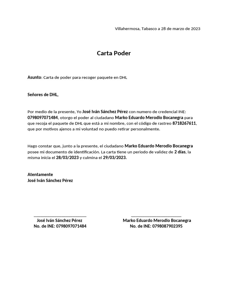Carta Poder para Recoger Un Paquete en DHL | PDF