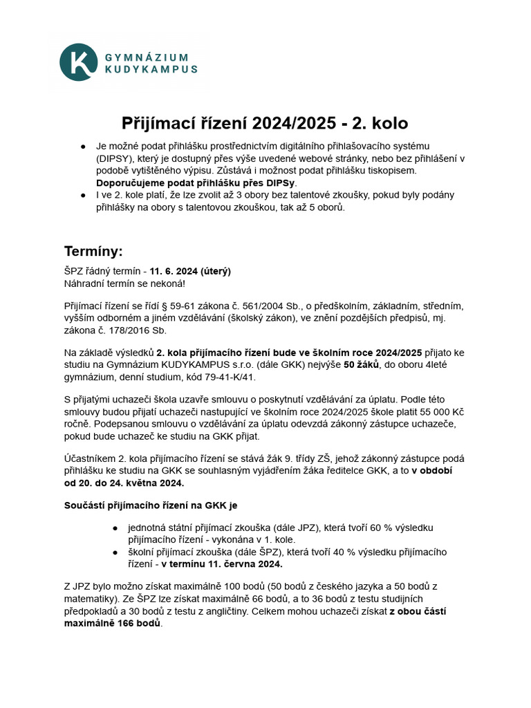 Kolo Vyhlasena Kriteria Prijimaciho Rizeni 2024 | PDF