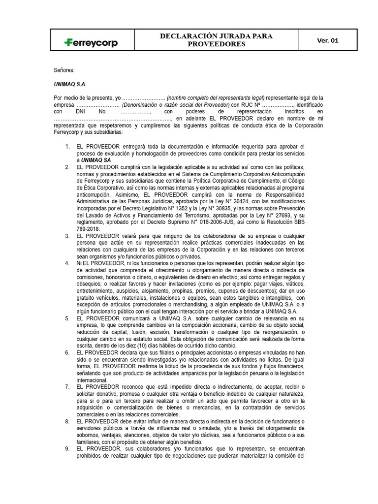 Declaracion Jurada Proveedores | PDF