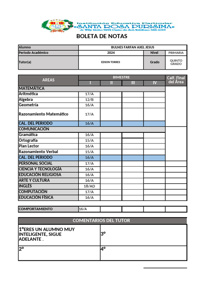 Boleta de Notas 5to Primaria | PDF