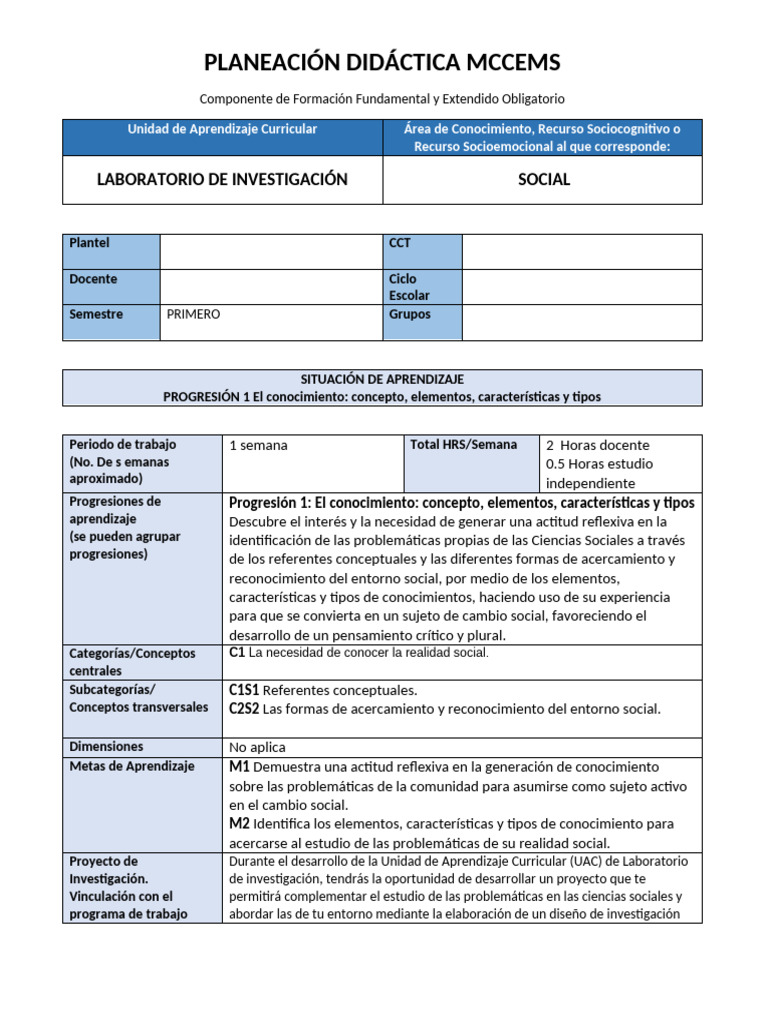 Planeación Didáctica - Laboratorio de Investigación - DGB - Primer Semestre | PDF
