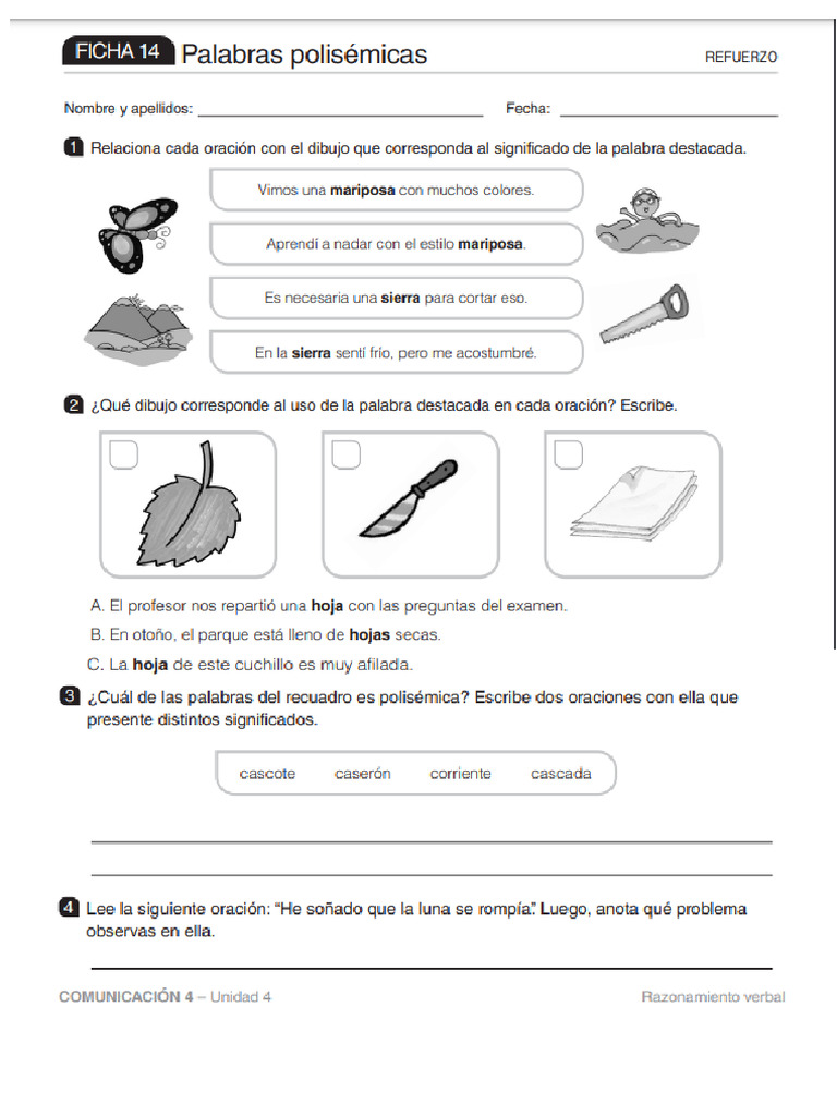 Ficha de Refuerzo - Com. Palabras Polisémicas | PDF