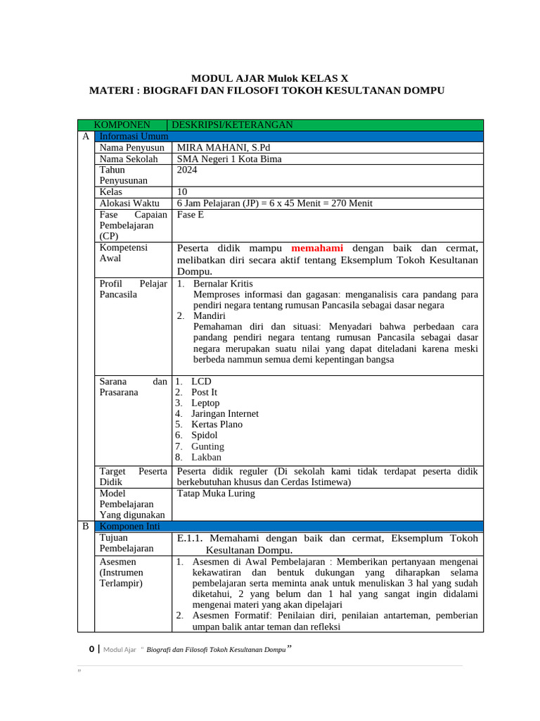 MODUL AJAR Mulok KELAS X 2022 | PDF