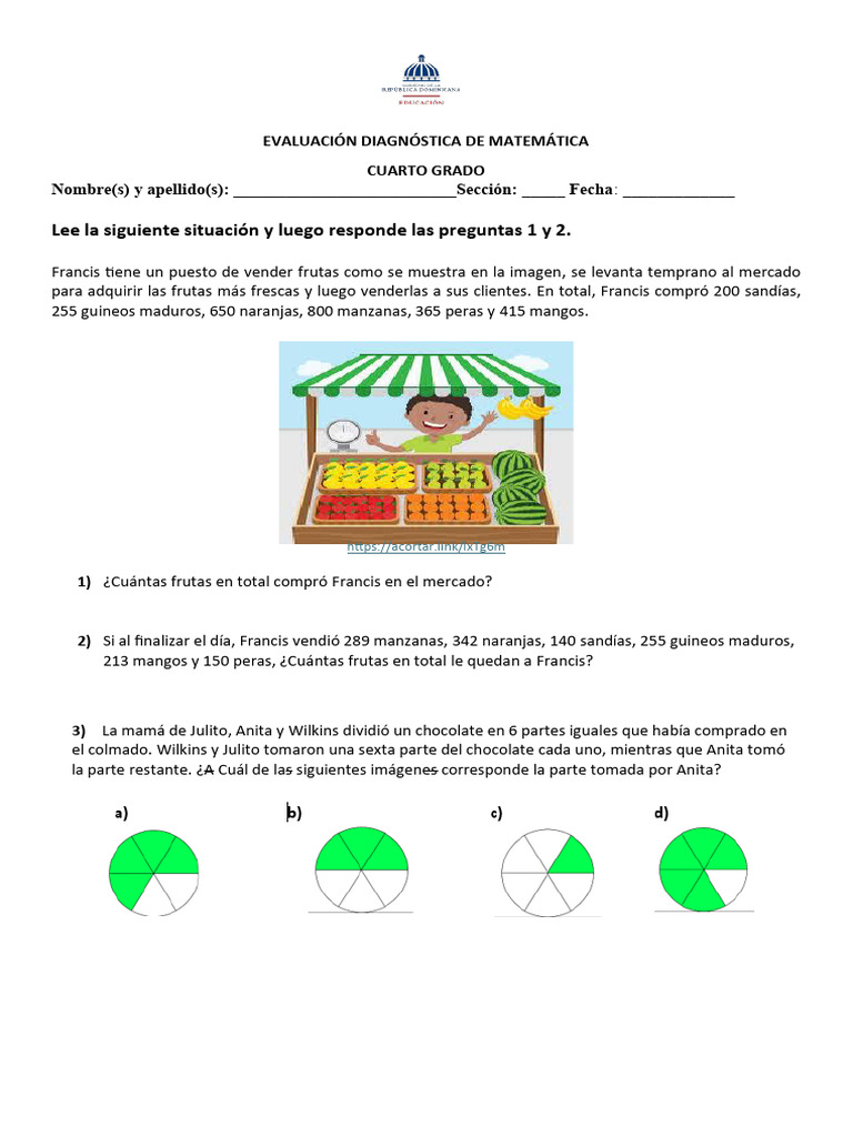 Cuarto Grado Evaluación Diagnóstica Matemática 2024 | PDF
