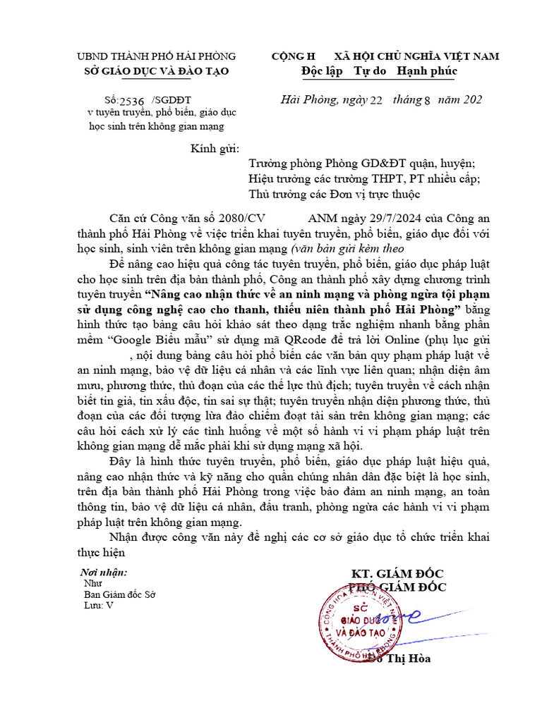Tuyen Truyen Pho Bien Giao Duc Hoc Sinh Tren Khong Gian Mang - Signed | PDF