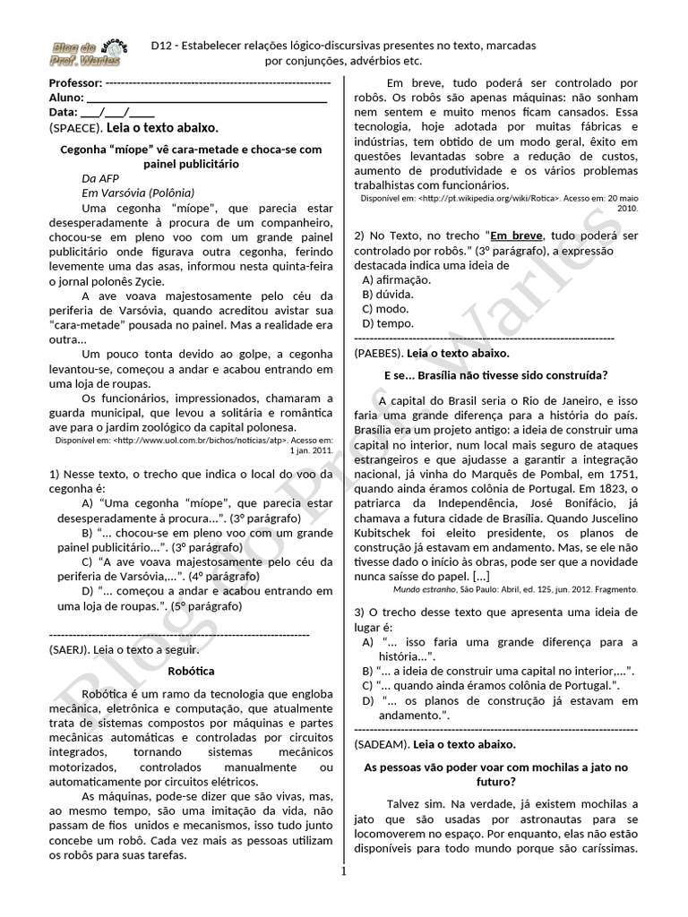 D12 (5º Ano - L.P - BLOG Do Prof. Warles) | PDF
