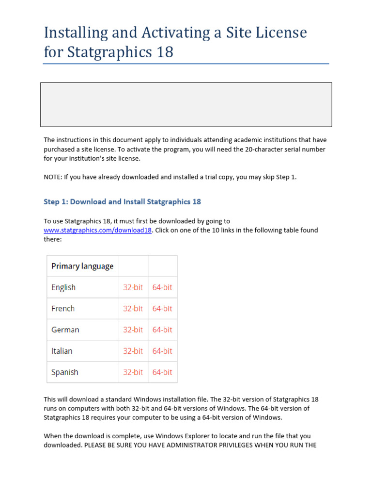 Installing and Activating A Site License For Statgraphics 18 | PDF