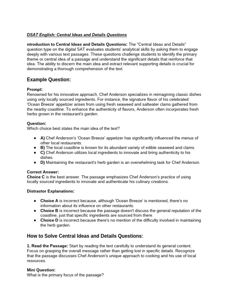 DSAT English - Central Ideas and Details Questions | PDF | Chef ...