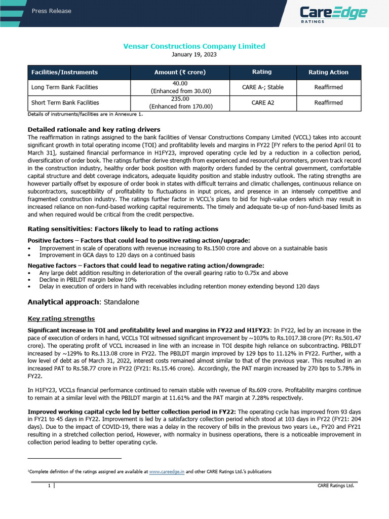 Vensar Constructions Company Ratings Update | PDF | Debt | Business