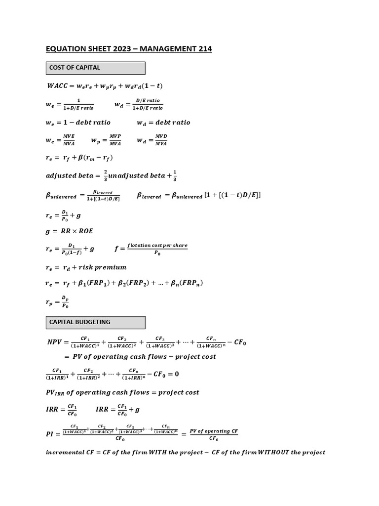 214 Equation Sheet 2023 | PDF