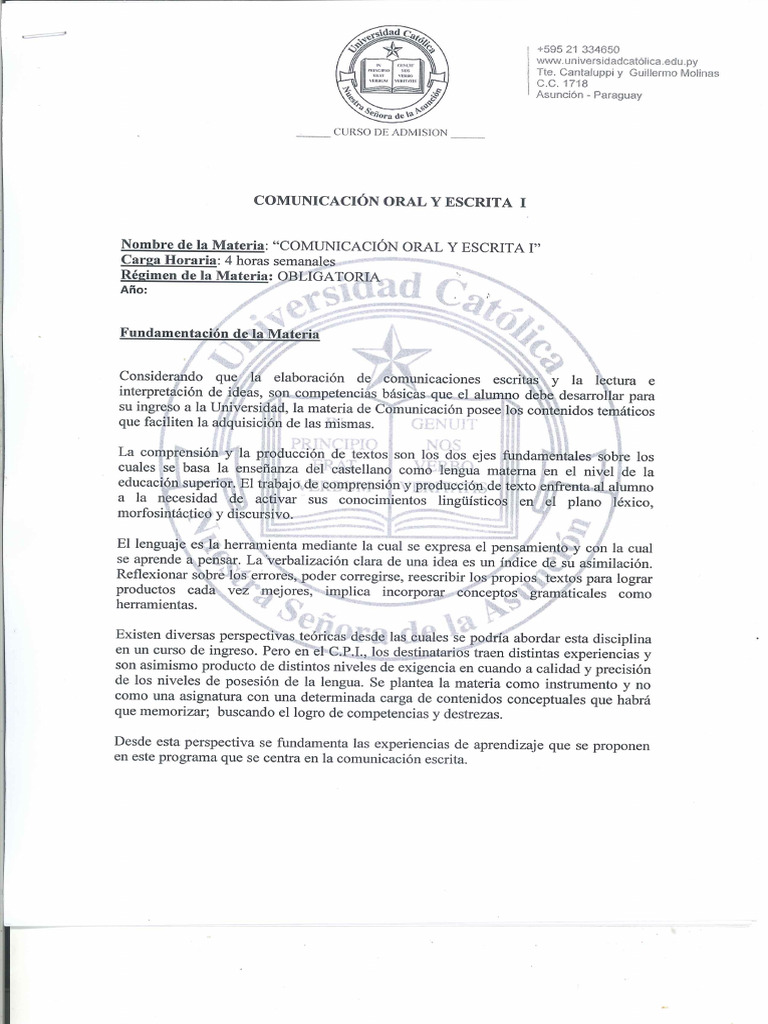 Programa Comunicación Oral y Escrita Admisión | PDF