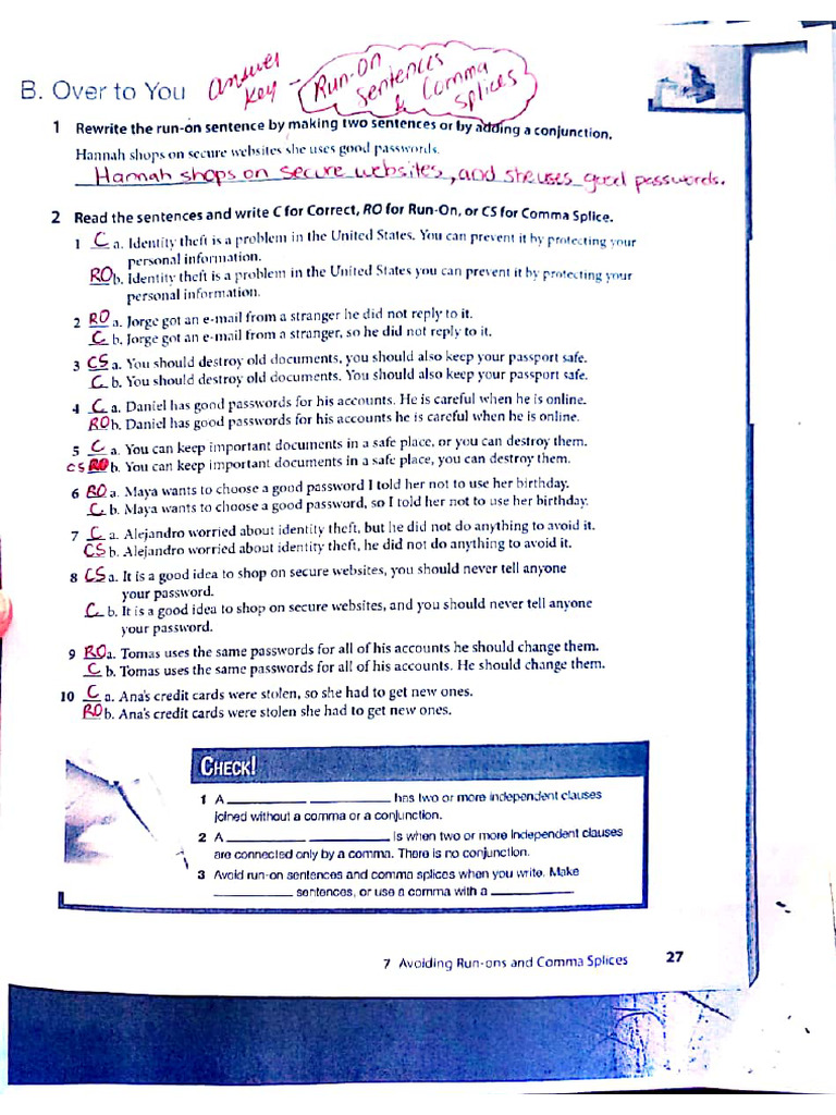 Avoiding Run Ons &comma Splices - AnswerKey | PDF