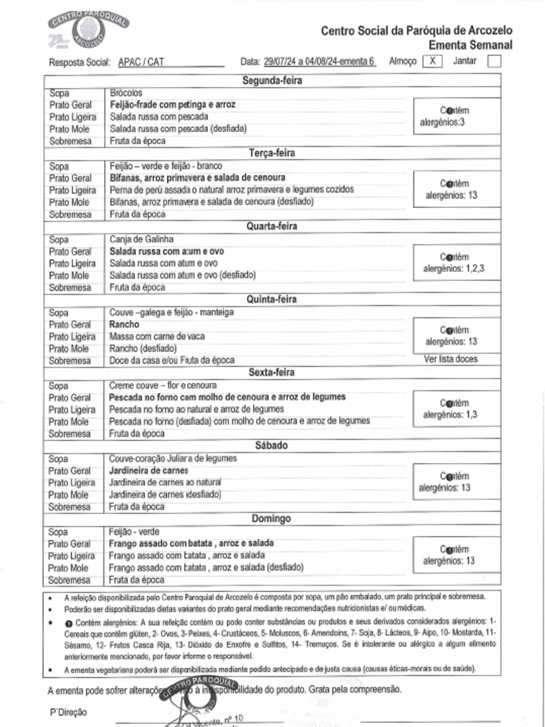 Ementa Semanal - 29.07.24 A 04.08.24 | PDF