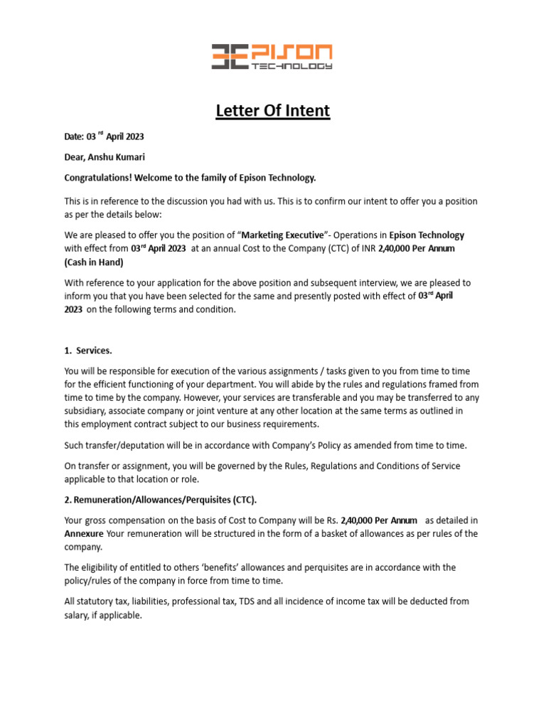 Offer Letter Epison | PDF