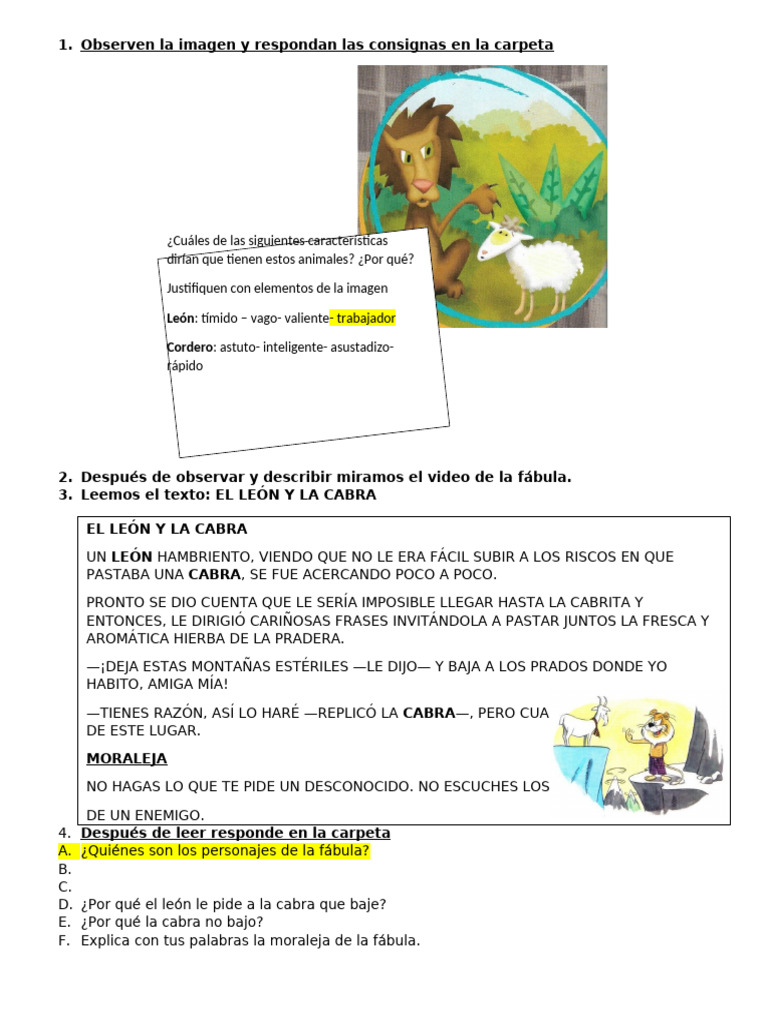 Clase Fábula El Leon y La Cabra | PDF