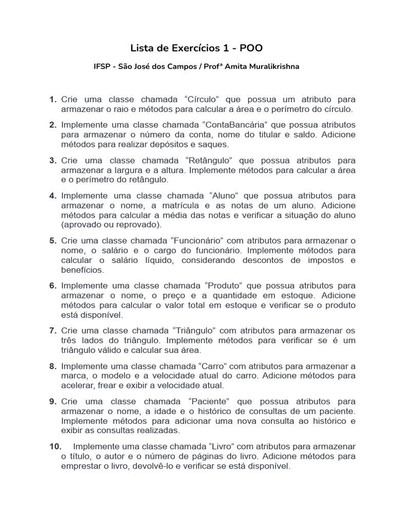 Lista de Exercícios POO | PDF