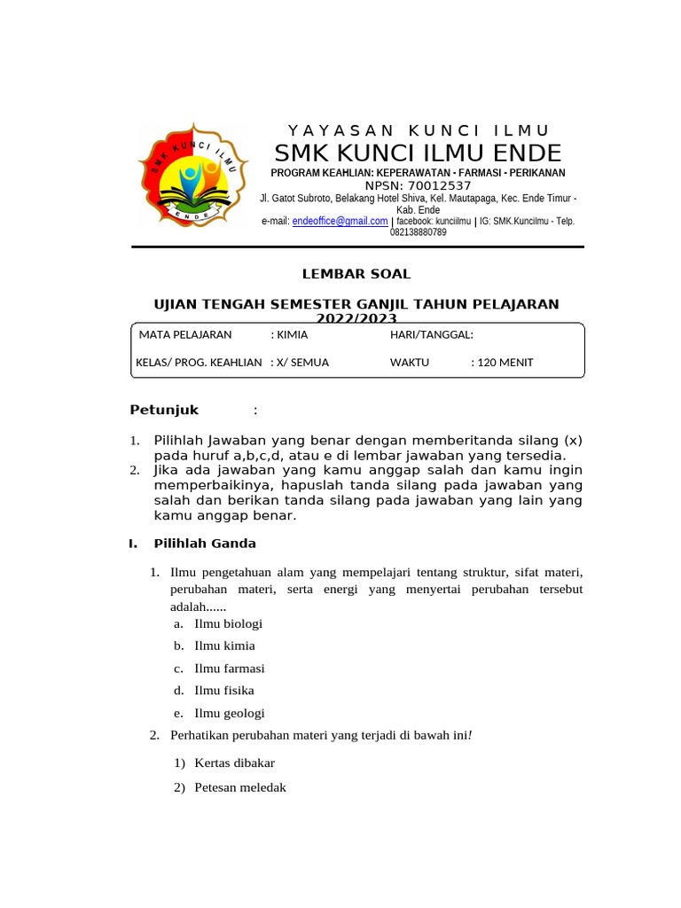 Soal Kimia Ujian Tenggah Semester Kelas X Semua Keahlian Kimia Farmasi Ujian Semester Ganjil SMK ...