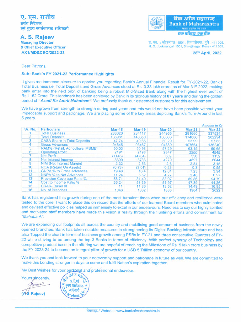 BOM Performance Highlights FY 2021-22 | PDF