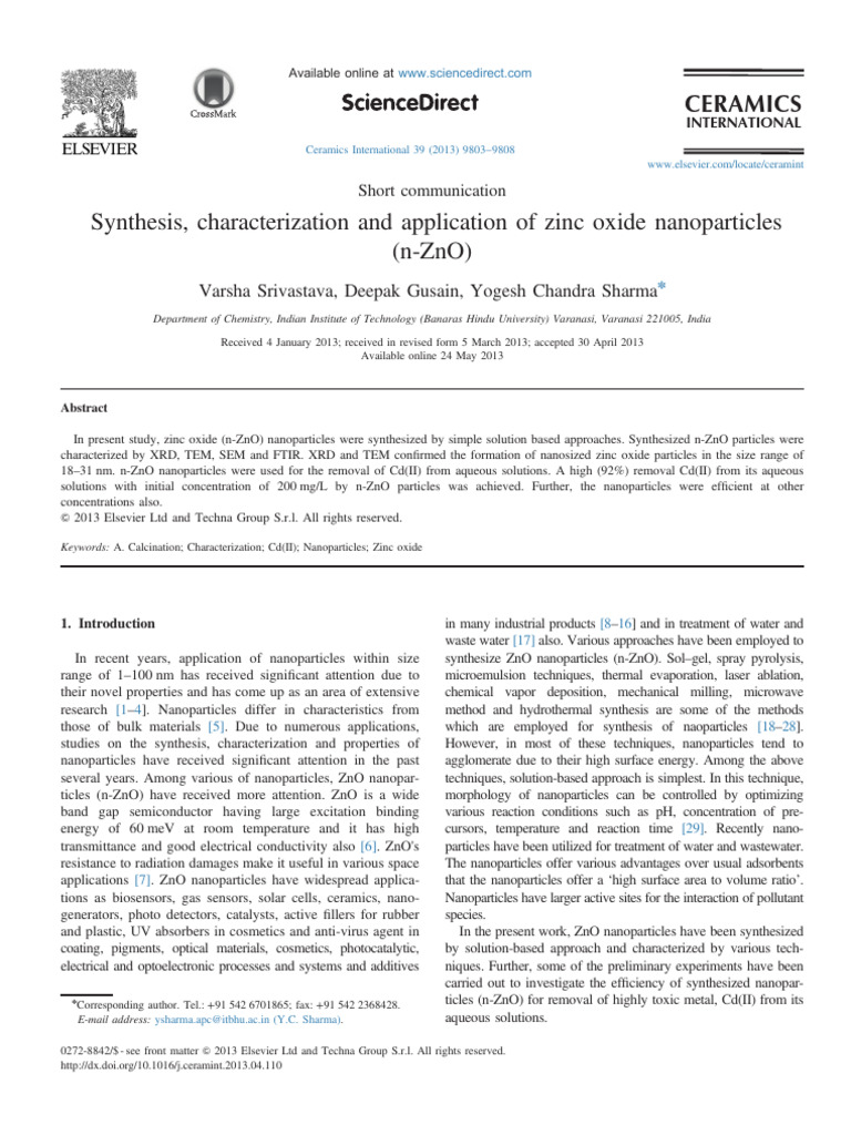 Synthesis, Characterization and Application of Zinc Oxide Nanoparticles (n-ZnO) | PDF