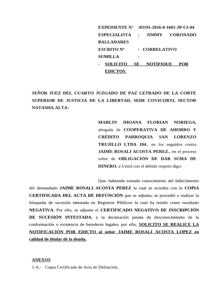 SOLICITO SE NOTIFIQUE POR EDICTOS EXP. 03191-2016-0-1601-JP-CI-04 Jaime ...