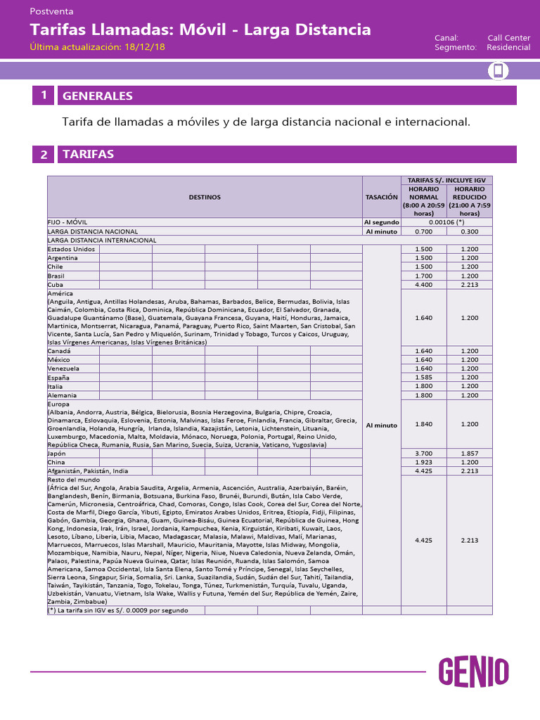 Tarifas Llamadas M Vil LD | PDF