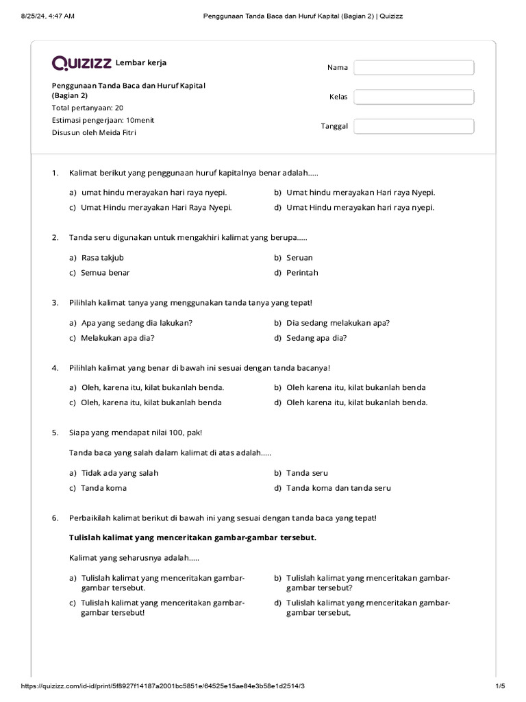 Quizizz - Penggunaan Tanda Baca Dan Huruf Kapital (Bagian 2) | PDF