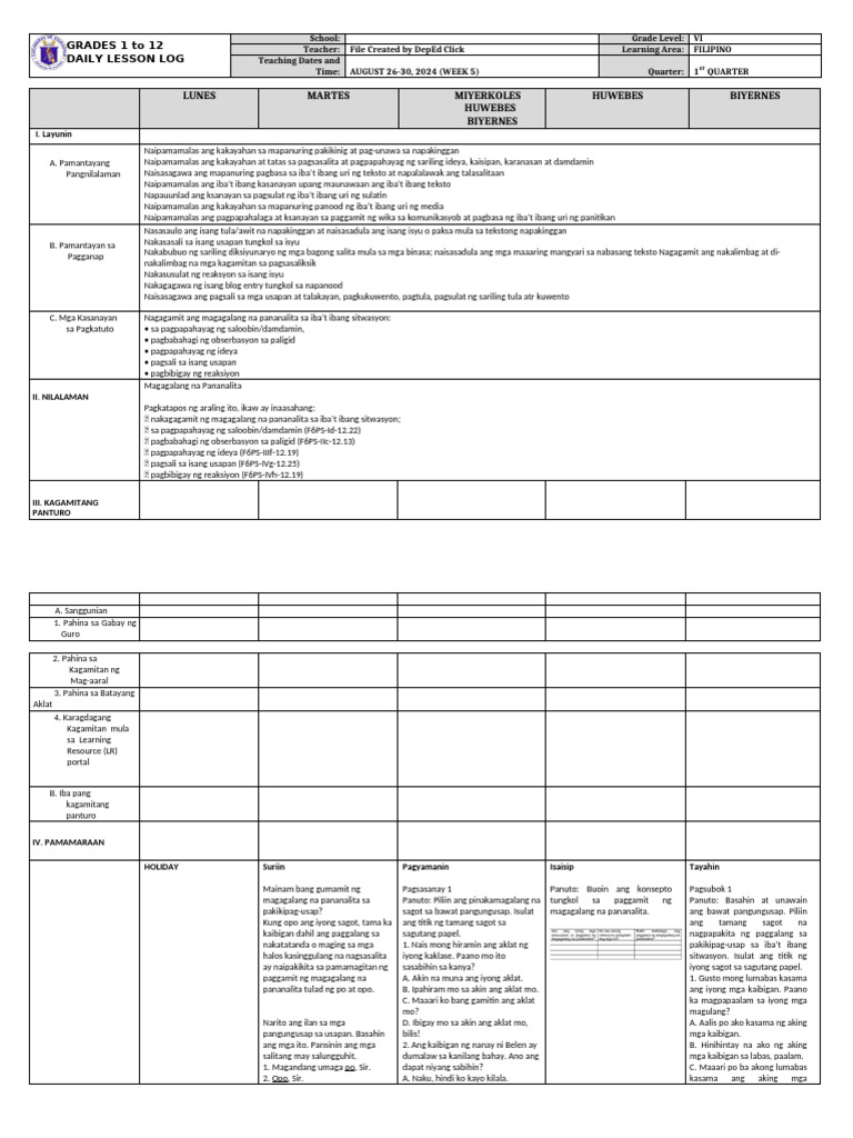 DLL Filipino 6 q1 w5 | PDF