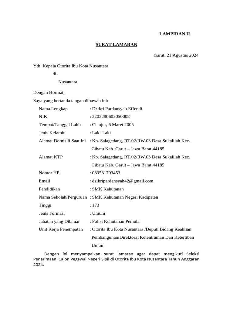 Surat Lamaran Dzikri | PDF