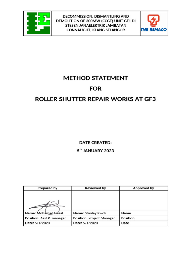 Method Statement For Shutter Repair | PDF