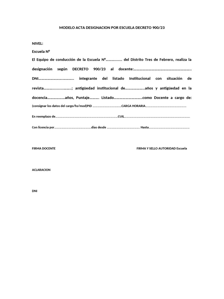 Modelo Acta Designacion Por Escuela Decreto 900 | PDF